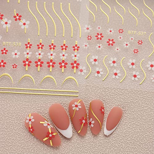 JMEOWIO 9 Sheets Flower Nail Art Stickers Decals Self-Adhesive Pegatinas Uñas Spring Summer Floral Line Nail Supplies Nail Art Design Decoration Accessories