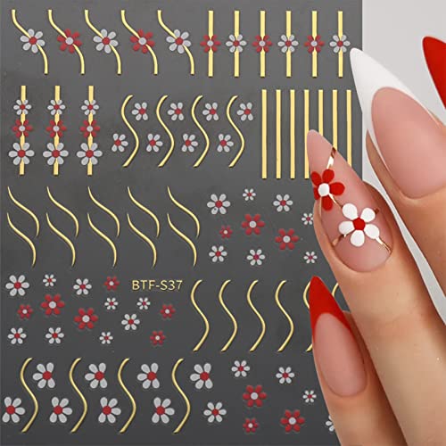 JMEOWIO 9 Sheets Flower Nail Art Stickers Decals Self-Adhesive Pegatinas Uñas Spring Summer Floral Line Nail Supplies Nail Art Design Decoration Accessories