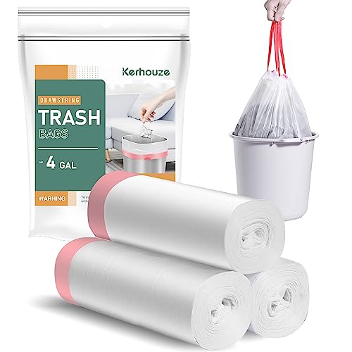 Kerhouze 4 Gallon Trash Bag - 60 Counts Small Drawstring Garbage Bags, Unscented Extra Strong Trash Can Bin Liners for Bedroom, Bathroom, Office