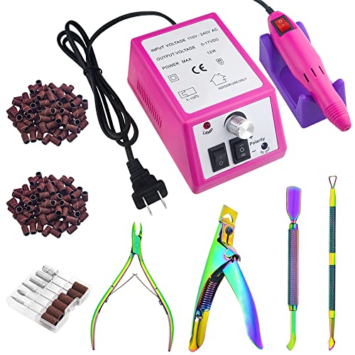 Professional Electric Nail Drill Machine Nail Clippers Set Nail Filer Electric and Nail Cutter for Acrylic Gel Nails Nails File Manicure Set with 206 PCS Sanding Bands Work for Home and Salon (Pink)