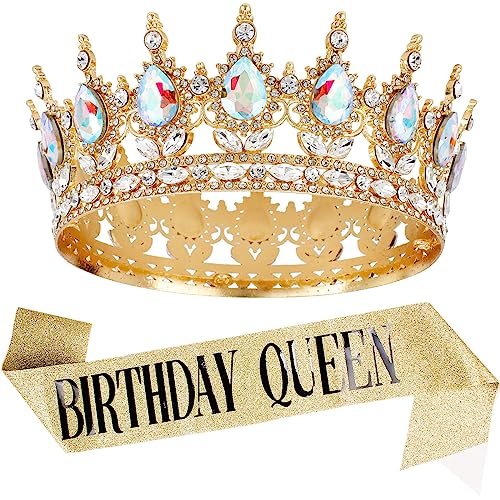 COCIDE BIRTHDAY QUEEN Sashes and Crowns for Women Birthday Sashes and Tiaras for Women Gold Sash and Tiara for Women Birthday Decoration Kit Rhinestone Headband for Girls Glitter Crystal Hair Accessories for Party