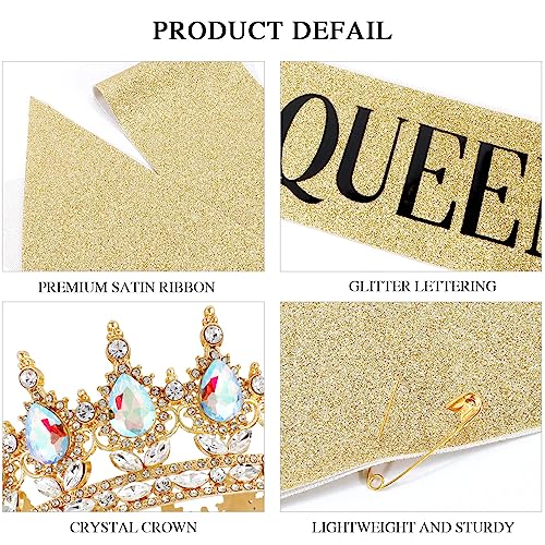 COCIDE BIRTHDAY QUEEN Sashes and Crowns for Women Birthday Sashes and Tiaras for Women Gold Sash and Tiara for Women Birthday Decoration Kit Rhinestone Headband for Girls Glitter Crystal Hair Accessories for Party