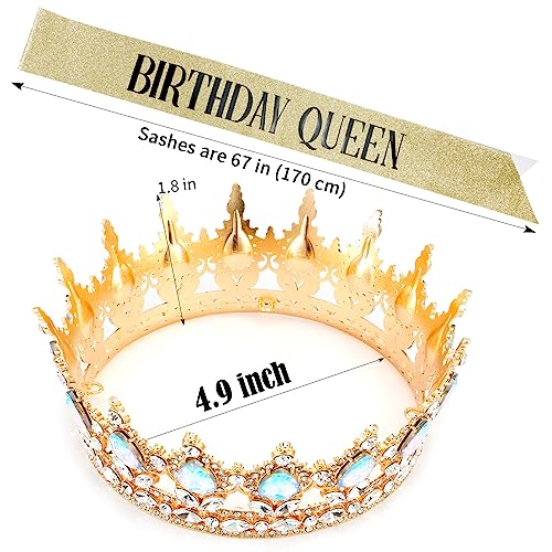 COCIDE BIRTHDAY QUEEN Sashes and Crowns for Women Birthday Sashes and Tiaras for Women Gold Sash and Tiara for Women Birthday Decoration Kit Rhinestone Headband for Girls Glitter Crystal Hair Accessories for Party