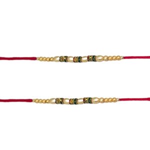 thenext7 beautiful rakhi for brother, traditional design handmade rakhi, rakhee bracelet for brother bhayi bhabi, white beads and red-white-green rings rakhi, indian traditional rakhi thread set of 2