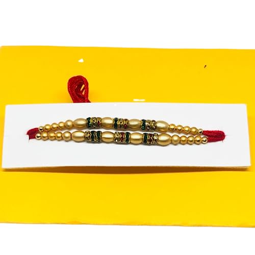 TheNext7 Beautiful Rakhi for Brother, Traditional Design Handmade Rakhi, Rakhee Bracelet for Brother Bhayi Bhabi, White Beads and Red-White-Green Rings Rakhi, Indian Traditional Rakhi Thread Set of 2