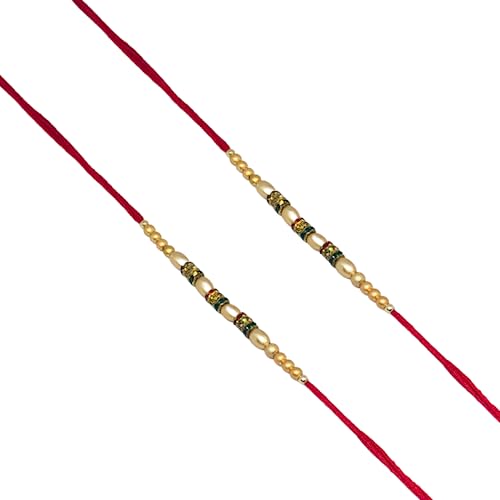 TheNext7 Beautiful Rakhi for Brother, Traditional Design Handmade Rakhi, Rakhee Bracelet for Brother Bhayi Bhabi, White Beads and Red-White-Green Rings Rakhi, Indian Traditional Rakhi Thread Set of 2