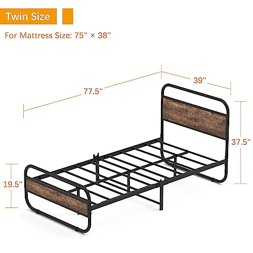 Vecilla Twin Bed Frame with Wood Headboard and Footboard, 12 inch Heavy Duty Platform Bed Frame No Box Spring Needed, Non Slip Mattress Foundation, Easy Assembly, Noise-Free, Rustic Brown