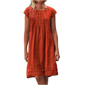 linen dress for women summer plus size women's summer linen dress crewneck short sleeve tshirt dress empire waist smocked flow boho beach sundress petite linen dresses