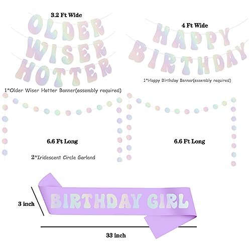 Older Wiser Hotter Happy Birthday Banner Party Decorations, Cute Iridescent Birthday Garland Birthday Girl Sash for Women 30th 40th 50th 60th 70th 80th Home Indoor Disco Photobooth Backdrop Decor