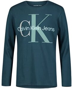 calvin klein boys' long sleeve crew neck t-shirt, soft, comfortable, relaxed fit, 3-color monologo cyan, 18-20