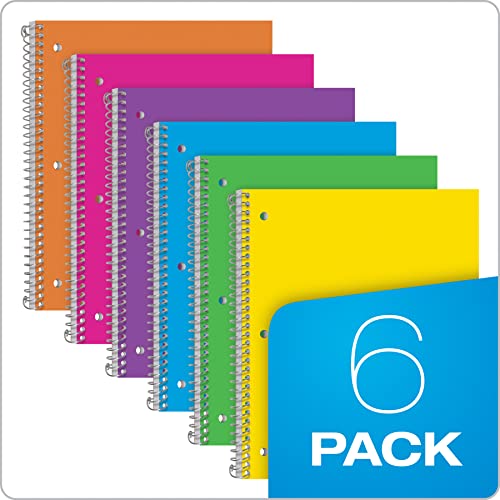 Oxford College Ruled Spiral Notebook 8.5 X 11 - Pack of 6 - College Ruled Paper - 1 Subject- Durable Plastic Cover -100 Sheets With Divider Pocket folder