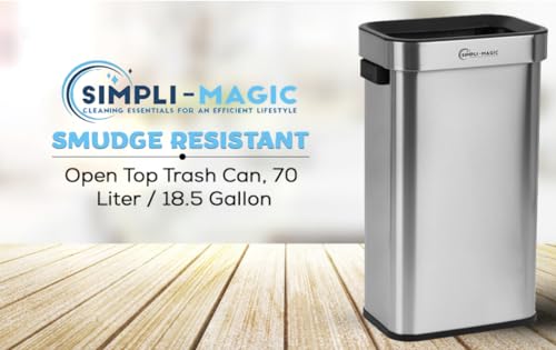 SIMPLI-MAGIC 70 Liter / 18.5 Gallon Soft-Close, Smudge Resistant Open Top Trash Can with Stainless Steel, Sleek Finish