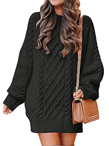 ANRABESS Women 2023 Fall Crewneck Long Sleeve Oversized Cable Knit Chunky Baggy Loose Knit Pullover Short Sweater Dresses Trendy Winter Tunic Mini Dress 412heise-XS Black