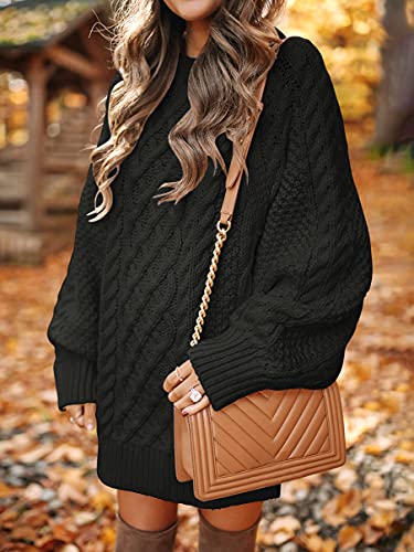 ANRABESS Women 2023 Fall Crewneck Long Sleeve Oversized Cable Knit Chunky Baggy Loose Knit Pullover Short Sweater Dresses Trendy Winter Tunic Mini Dress 412heise-XS Black