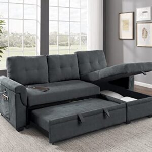 uhome Upholstered Sleeper Sofa with USB Ports sectional Couch Reversible Sofabed, Full XL, Gray