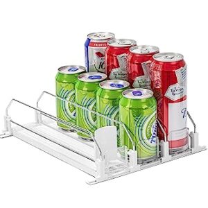 Drink Organizer for Fridge, Self-Pushing Soda Can Organizer for Counter Refrigerator, Width Adjustable Pusher Glide, White, 12”depth-3rows