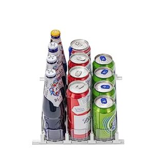 Drink Organizer for Fridge, Self-Pushing Soda Can Organizer for Counter Refrigerator, Width Adjustable Pusher Glide, White, 12”depth-3rows