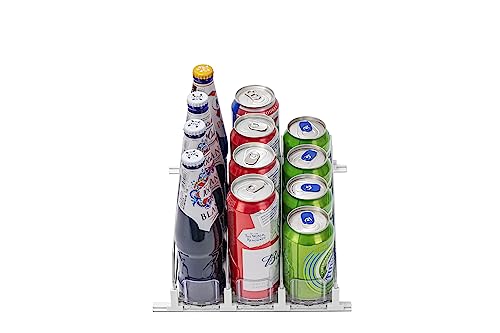 Drink Organizer for Fridge, Self-Pushing Soda Can Organizer for Counter Refrigerator, Width Adjustable Pusher Glide, White, 12”depth-3rows