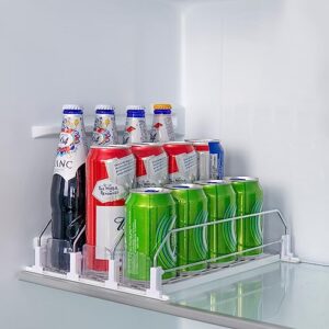 Drink Organizer for Fridge, Self-Pushing Soda Can Organizer for Counter Refrigerator, Width Adjustable Pusher Glide, White, 12”depth-3rows