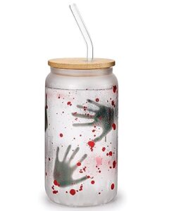 nefelibata halloween horror beer can glass 16 oz iced coffee cup with lid straw and brush, reusable drinking jar for coffee tea juice soda halloween party decor fall christmas gift ideas set of 1