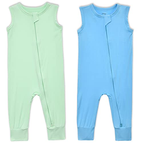 Baby Sleeveless Romper 2-Way Zipper Toddler Summer Jumpsuit Viscose Outfits Infant Footless Pajamas clothes(Green & Blue, 3-6m)