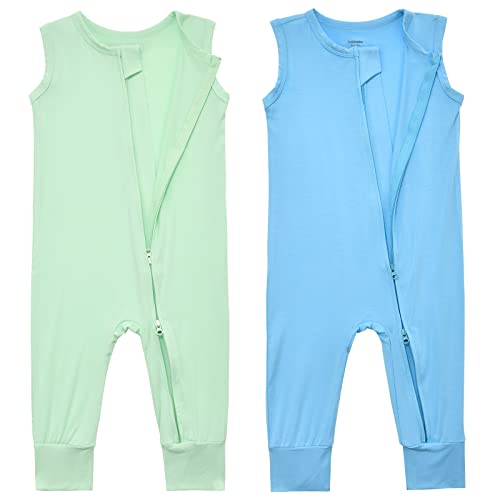 Baby Sleeveless Romper 2-Way Zipper Toddler Summer Jumpsuit Viscose Outfits Infant Footless Pajamas clothes(Green & Blue, 3-6m)