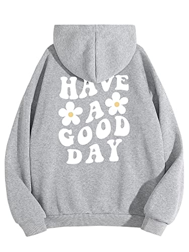 Cioatin Women’s Y2K Slogan Letter Graphic Oversized Aesthetic Hoodie Drop Shoulder Fleece Hooded Sweatshirt Pullover Light Grey