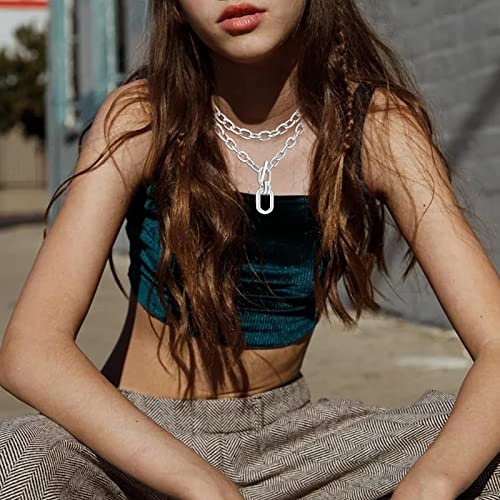 Chunky Necklace for Women Trendy Layered Chunky Choker Necklace for Women Gold Chain Necklace Gold Cuban Link Chain for Women Punk Hip-hop Jewelry (Silver)