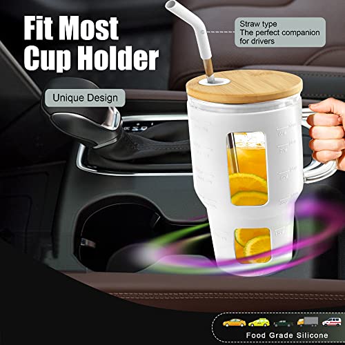 32 oz Glass Tumbler with Bamboo Mug 2 Straws & 2 Lids, Reusable Glass Water Bottles with Handle, Iced Coffee Cup with Silicone Sleeve, Boba and Drinking Straw Fits in Car Cup Holder BPA Free,White