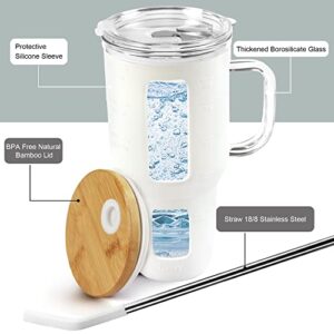 32 oz Glass Tumbler with Bamboo Mug 2 Straws & 2 Lids, Reusable Glass Water Bottles with Handle, Iced Coffee Cup with Silicone Sleeve, Boba and Drinking Straw Fits in Car Cup Holder BPA Free,White