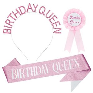 birthday crowns for women, pink birthday queen sash & rose gold women's birthday hair bands and birthday corsage set, queen rhinestone birthday queen headband birthday gifts for women, sweet happy birthday accessories (birthday queen pink)