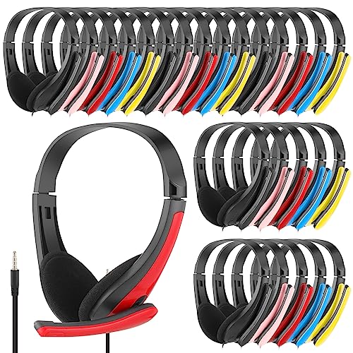 Xuhal 30 Pack Classroom Headphones Bulk, Wired Headsets with Microphone Adjustable Student Headphones with 3.5 mm Plug for School Library Computer Office Conference Chat Boys Girls Mobile Phone