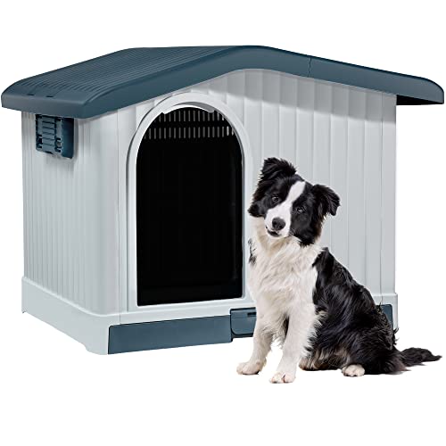 YITAHOME 34.6'' Large Plastic Dog House with Liftable Roof, Indoor Outdoor Doghouse Puppy Shelter with Detachable base and Adjustable Bar Window Water Resistant Easy Assembly (34.6''L*29.1''W*24.2''H)