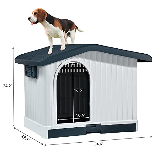 YITAHOME 34.6'' Large Plastic Dog House with Liftable Roof, Indoor Outdoor Doghouse Puppy Shelter with Detachable base and Adjustable Bar Window Water Resistant Easy Assembly (34.6''L*29.1''W*24.2''H)