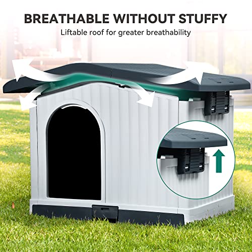 YITAHOME 34.6'' Large Plastic Dog House with Liftable Roof, Indoor Outdoor Doghouse Puppy Shelter with Detachable base and Adjustable Bar Window Water Resistant Easy Assembly (34.6''L*29.1''W*24.2''H)