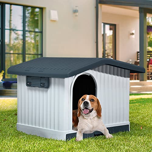 YITAHOME 34.6'' Large Plastic Dog House with Liftable Roof, Indoor Outdoor Doghouse Puppy Shelter with Detachable base and Adjustable Bar Window Water Resistant Easy Assembly (34.6''L*29.1''W*24.2''H)