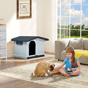 YITAHOME 34.6'' Large Plastic Dog House with Liftable Roof, Indoor Outdoor Doghouse Puppy Shelter with Detachable base and Adjustable Bar Window Water Resistant Easy Assembly (34.6''L*29.1''W*24.2''H)