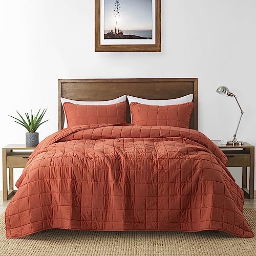 Burnt Orange Quilt California Cal King Size Bedding Sets with Pillow Shams, Oversized Red Lightweight Soft Bedspread Coverlet, Quilted Blanket Thin Comforter Bed Cover, 3 Pieces, 118x106 inches