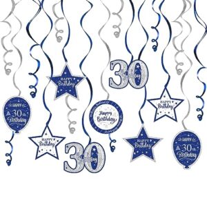 nelbiirth happy 30th birthday blue & silver glitter swirls streamers party decorations - 15 pcs 30th birthday hanging swirls streamers kit,cheers to thirty years old bday party sign.