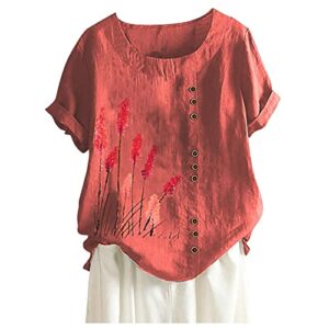 smidow boho tops for women plus size summer 2023 linen shirts short sleeve crewneck printed t-shirt blouse trendy plus size womens clothes orange 3x