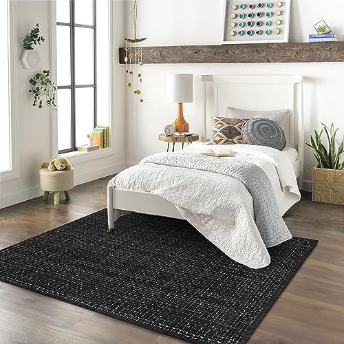 Nailttos Washable Living Room Rug 4' x 6', Woven Cotton Black Rug for Bedroom, Machine Washable Low-Plie Kitchen Mat Woven Rug for Bedroom Playroom Dining Room