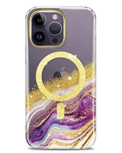 jiaxiufen magnetic designed for iphone 14 pro max case clear, compatible with magsafe, sparkle glitter slim thin shockproof protective transparent phone case, marble gold