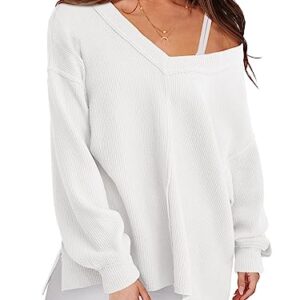 ANRABESS Women Long Sleeve Fall Shirt V Neck Off Shoulder Sweatshirt Ribbed Knit Pullover Sweater Loose Fit High Low Tunic Tops 2023 Trendy Clothes A1069baise-M White