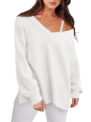 ANRABESS Women Long Sleeve Fall Shirt V Neck Off Shoulder Sweatshirt Ribbed Knit Pullover Sweater Loose Fit High Low Tunic Tops 2023 Trendy Clothes A1069baise-M White