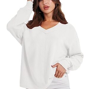 ANRABESS Women Long Sleeve Fall Shirt V Neck Off Shoulder Sweatshirt Ribbed Knit Pullover Sweater Loose Fit High Low Tunic Tops 2023 Trendy Clothes A1069baise-M White