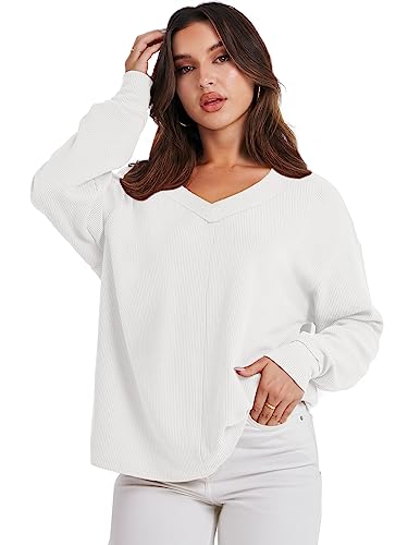 ANRABESS Women Long Sleeve Fall Shirt V Neck Off Shoulder Sweatshirt Ribbed Knit Pullover Sweater Loose Fit High Low Tunic Tops 2023 Trendy Clothes A1069baise-M White