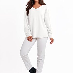 ANRABESS Women Long Sleeve Fall Shirt V Neck Off Shoulder Sweatshirt Ribbed Knit Pullover Sweater Loose Fit High Low Tunic Tops 2023 Trendy Clothes A1069baise-M White