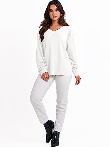 ANRABESS Women Long Sleeve Fall Shirt V Neck Off Shoulder Sweatshirt Ribbed Knit Pullover Sweater Loose Fit High Low Tunic Tops 2023 Trendy Clothes A1069baise-M White