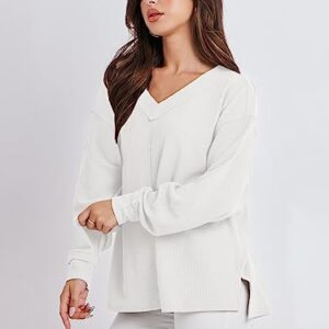 ANRABESS Women Long Sleeve Fall Shirt V Neck Off Shoulder Sweatshirt Ribbed Knit Pullover Sweater Loose Fit High Low Tunic Tops 2023 Trendy Clothes A1069baise-M White