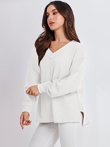 ANRABESS Women Long Sleeve Fall Shirt V Neck Off Shoulder Sweatshirt Ribbed Knit Pullover Sweater Loose Fit High Low Tunic Tops 2023 Trendy Clothes A1069baise-M White